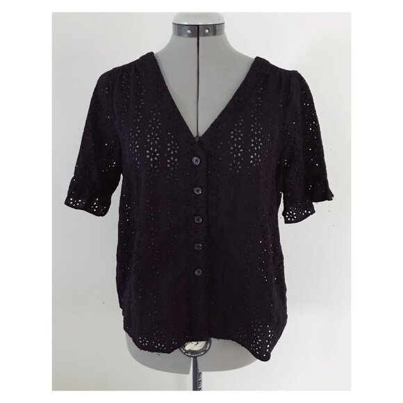Madewell | Tops | Madewell Sz S Black Cotton Eyelet Button Down Blouse With Sleeve Ruffle V Neck ...